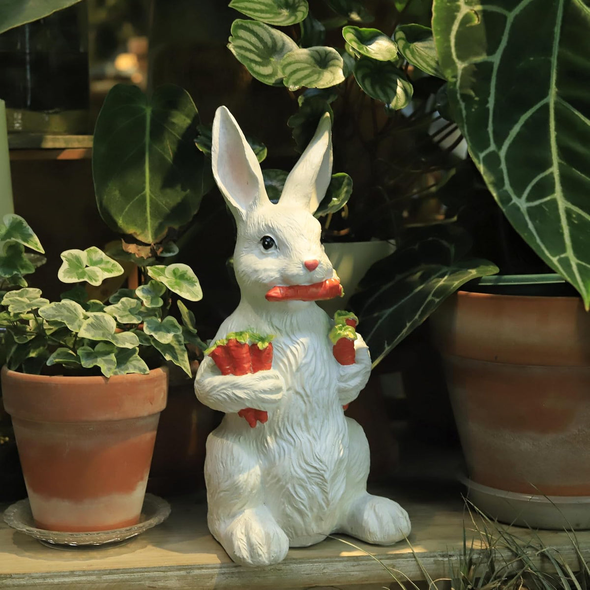 13" H Resin Bunny Statue Easter Bunny Sculpture Fluffy Rabbit Holding ...